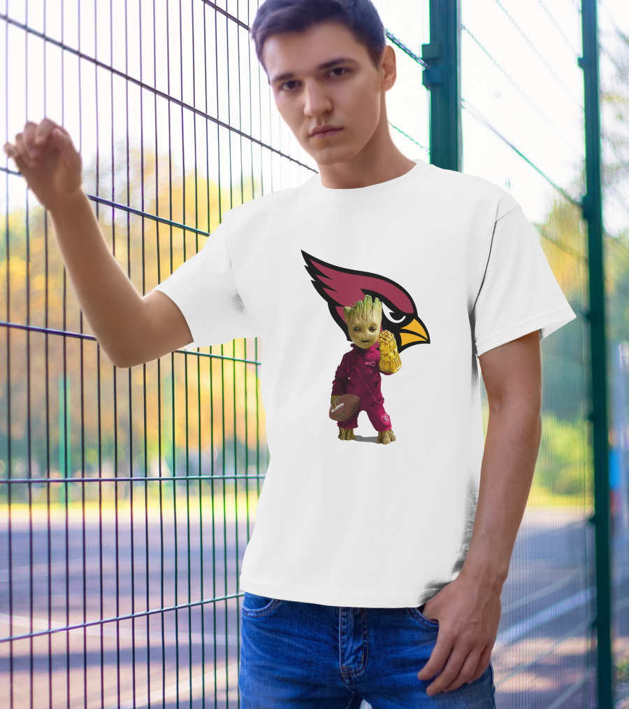 Arizona Cardinals Groot Holding Football And Infinity Gauntlet T-Shirt