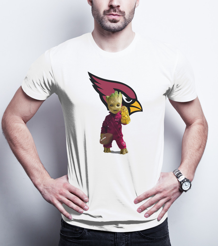 Arizona Cardinals Groot Holding Football And Infinity Gauntlet T-Shirt