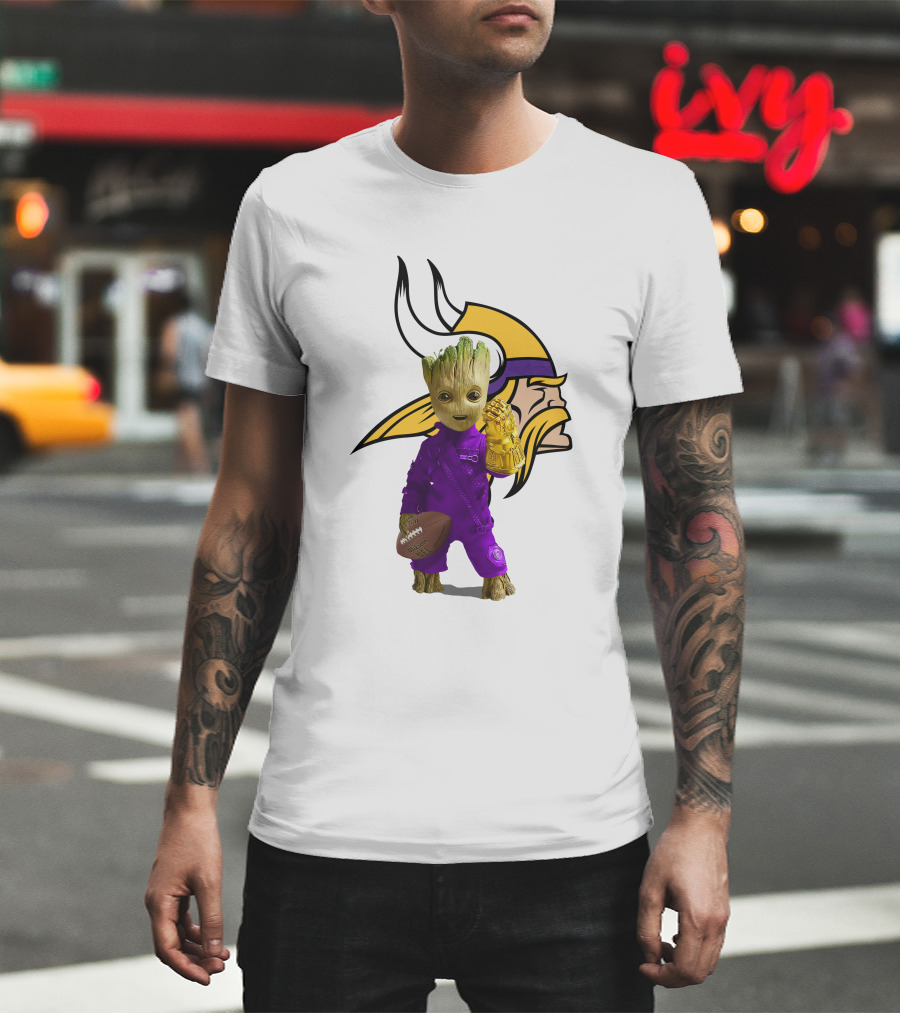 Minnesota Vikings Groot Holding Football And Infinity Gauntlet T-Shirt
