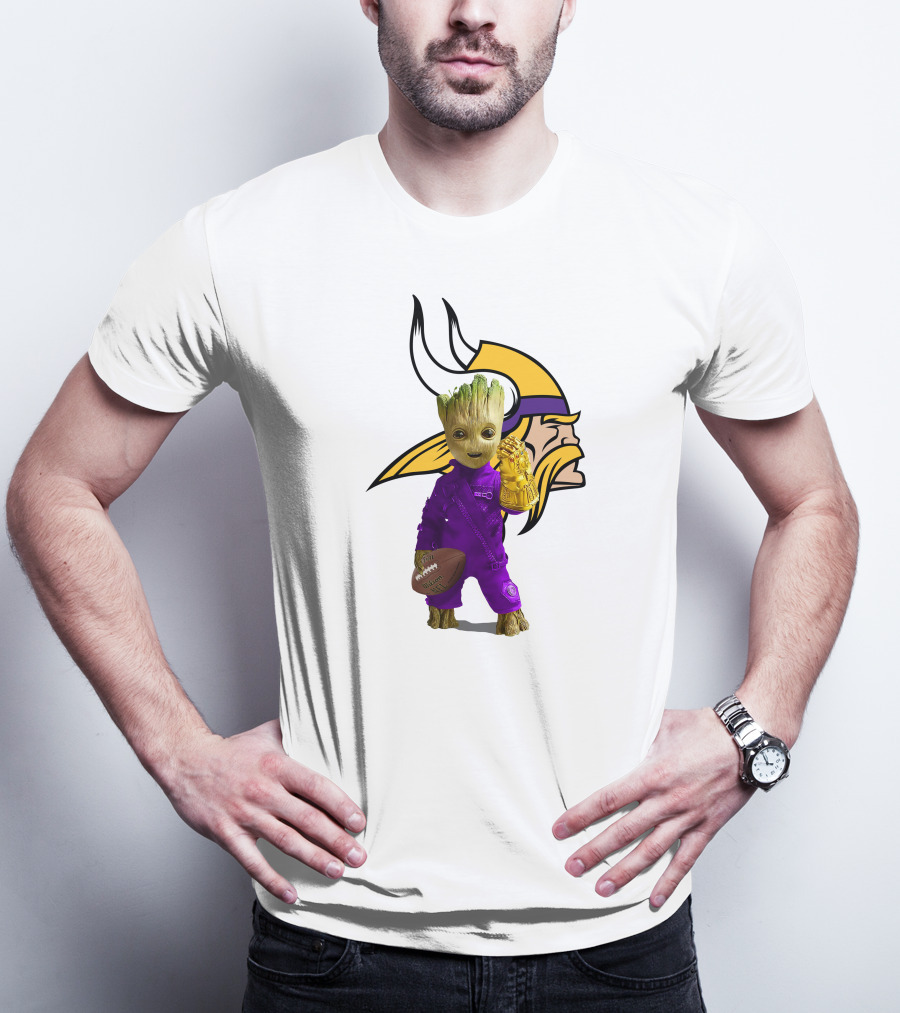 Minnesota Vikings Groot Holding Football And Infinity Gauntlet T-Shirt