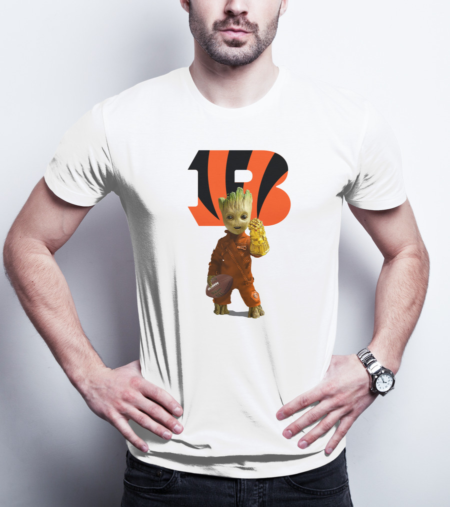 Cincinnati Bengals Groot Holding Football With Infinity Gauntlet T-Shirt