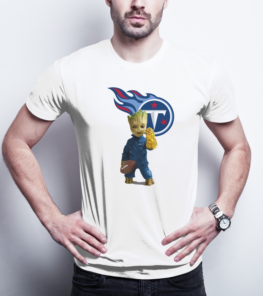 Groot Holding Football Tennessee Titans Logo Infinity Gauntlet T-Shirt