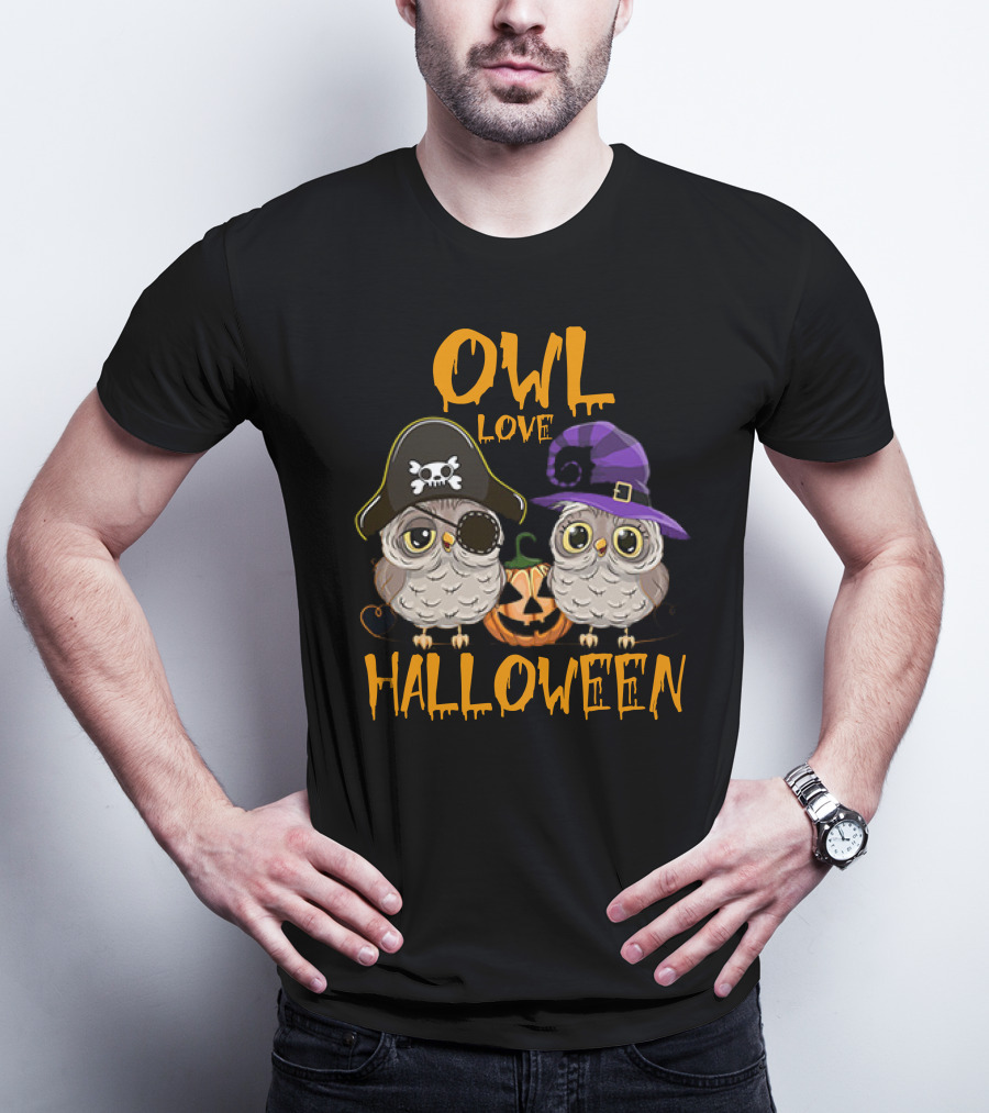 Owl Love Halloween Pirate And Witch Owls Pumpkin T-Shirt