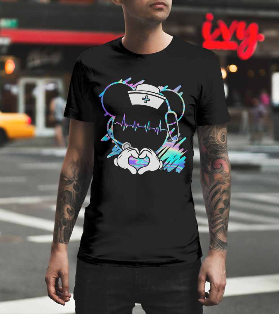 Nurse Disney Mickey Nurse Heartbeat Holographic T-Shirt