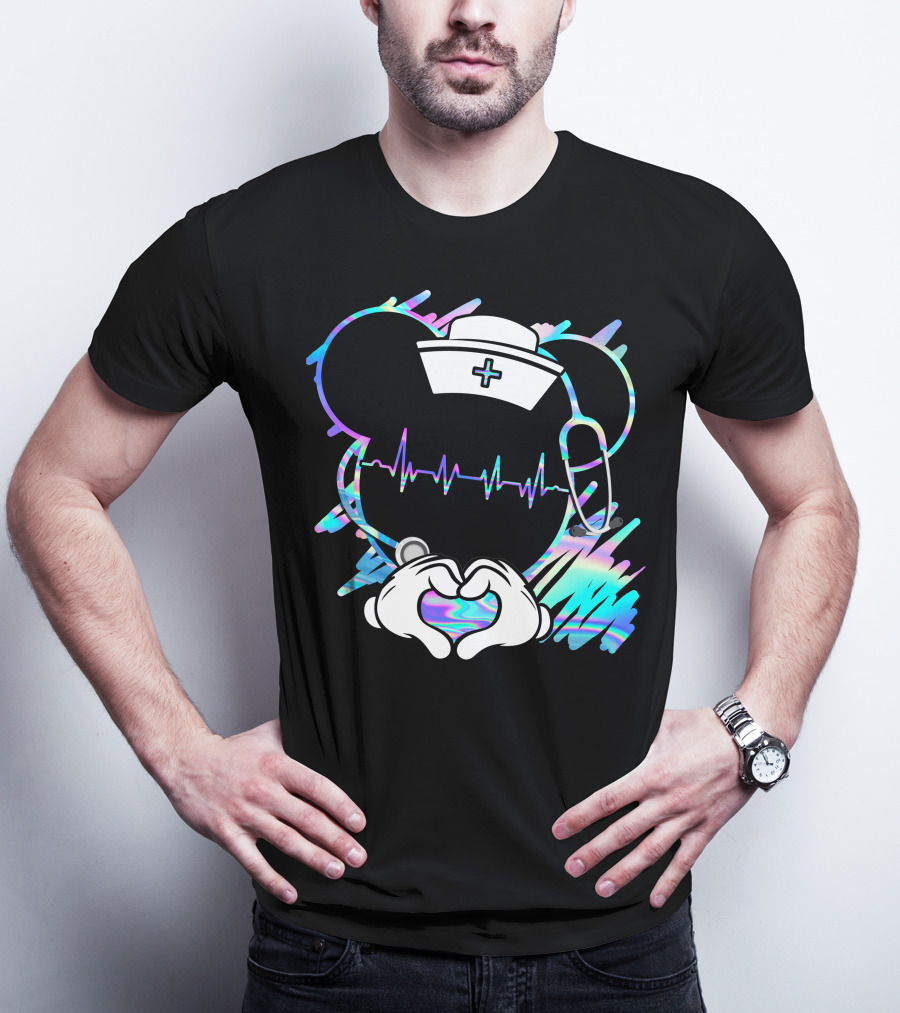 Nurse Disney Mickey Nurse Heartbeat Holographic T-Shirt