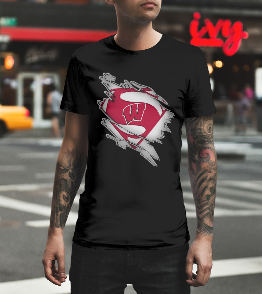 Wisconsin Badgers Super Man Emblem With W Inside Torn Fabric Effect T-Shirt