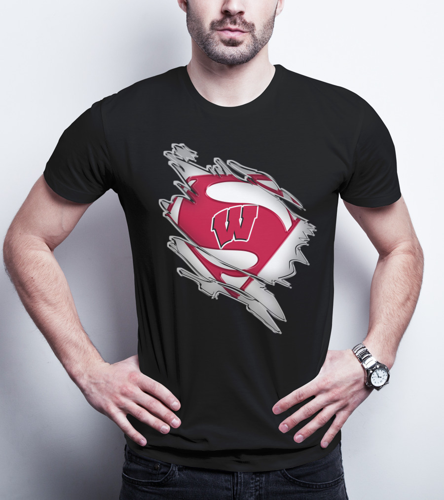 Wisconsin Badgers Super Man Emblem With W Inside Torn Fabric Effect T-Shirt