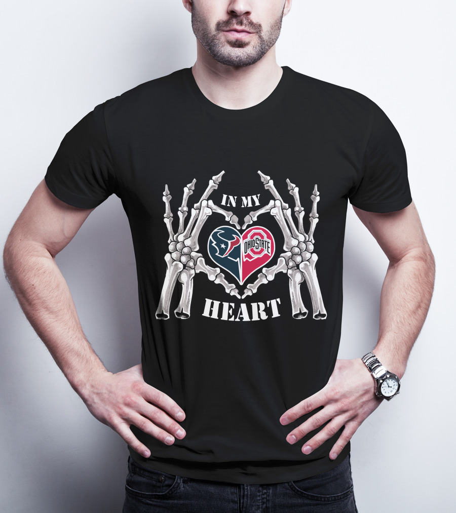 In My Heart Houston Texans Ohio State Buckeyes Skeleton Hands Heart T-Shirt