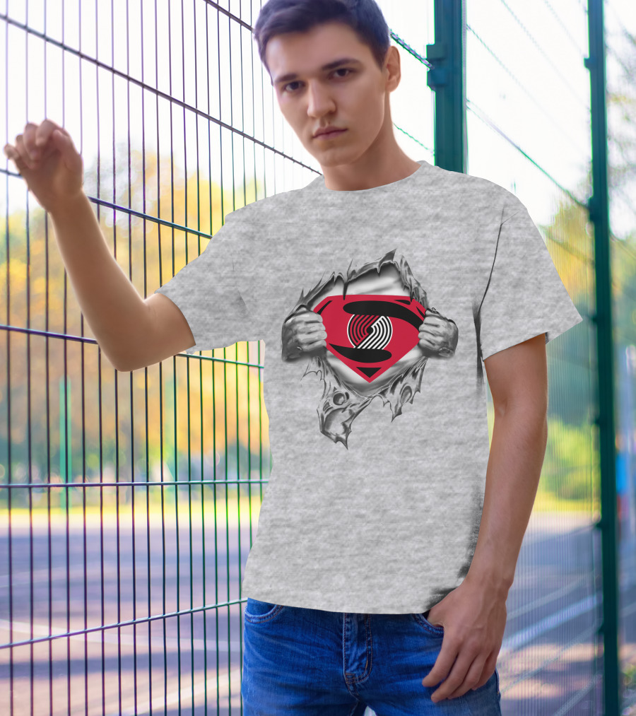 Portland Trail Blazers Super Man Logo Busting Through T-Shirt
