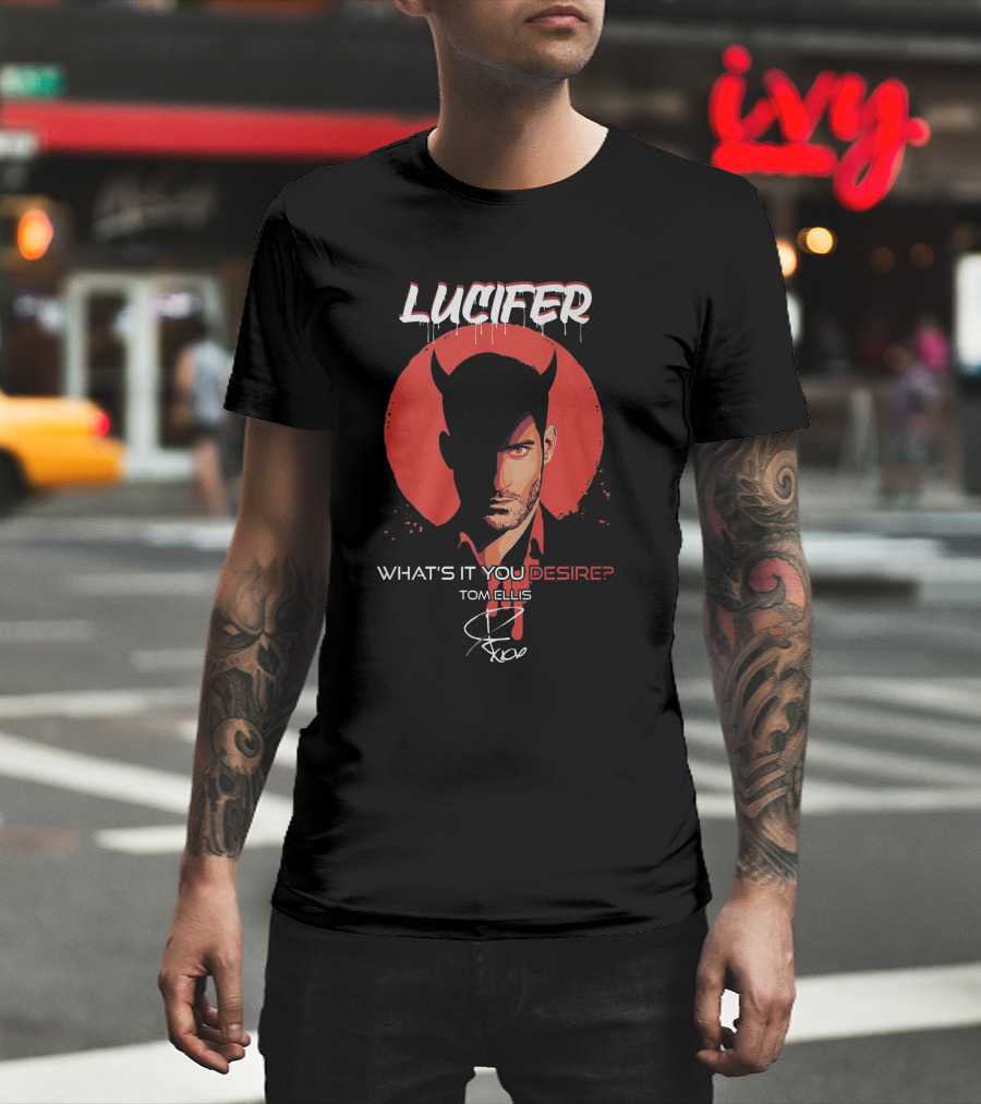 Lucifer What's It You Desire Tom Ellis Red Circle Devil Horns T-Shirt