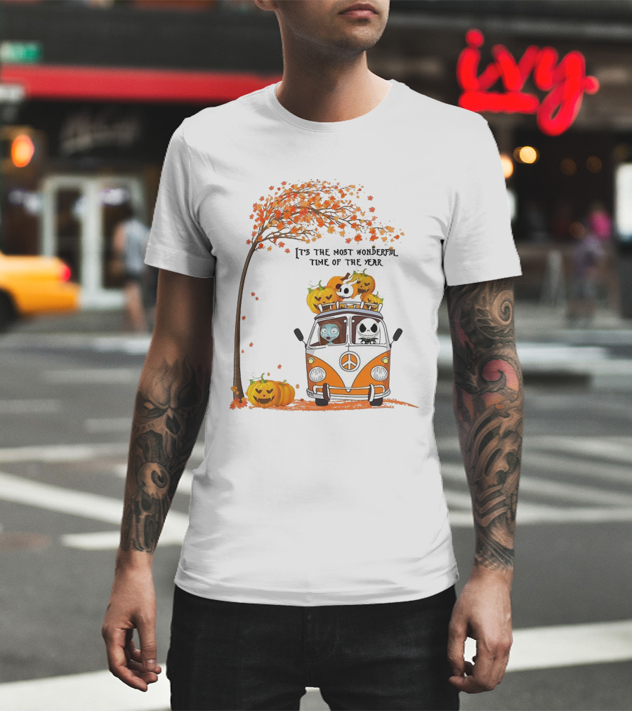 Jack Skellington Pumpkin It's The Most Wonderful Time Of The Year Autumn Van With Pumpkins And Tree T-Shirt