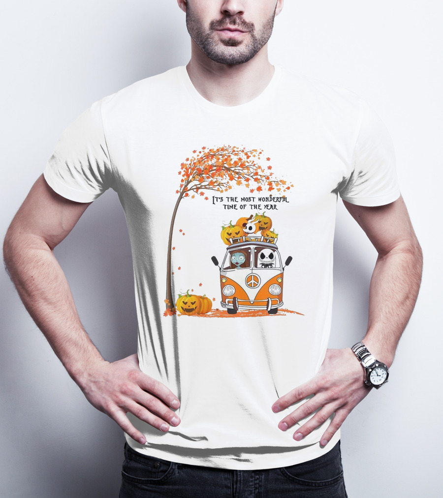 Jack Skellington Pumpkin It's The Most Wonderful Time Of The Year Autumn Van With Pumpkins And Tree T-Shirt