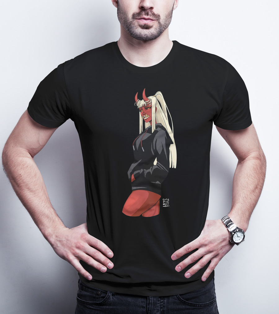 Cutie Pie Sensei X Redpop Oni Chan Demon Girl In Black Hoodie With Red Horns And Long Blonde Hair T-Shirt