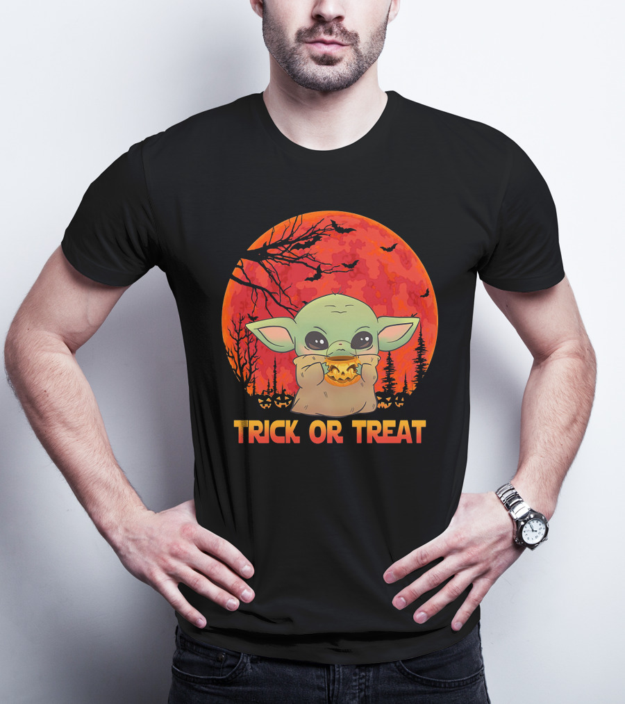 Halloween Baby Yoda Trick Or Treat Moon Pumpkin Forest T-Shirt