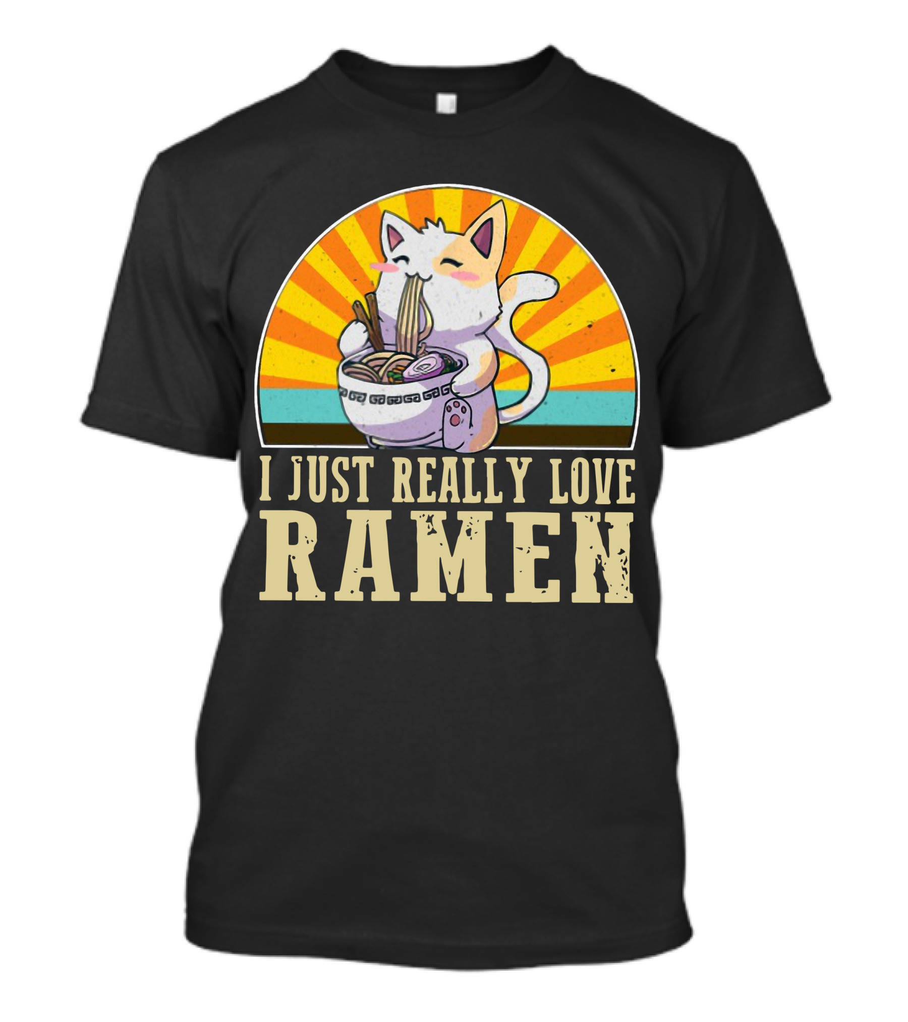 Cat Enjoying Ramen With Sunburst Background Graphics T-Shirt
