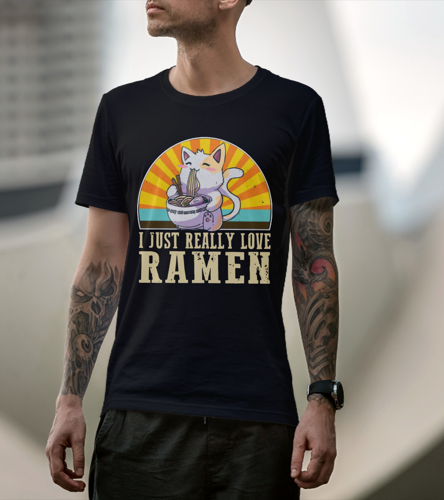 Cat Enjoying Ramen With Sunburst Background Graphics T-Shirt