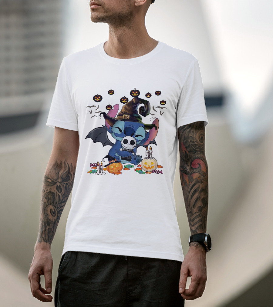 Halloween Stitch With Jack Skellington Mask And Bats T-Shirt