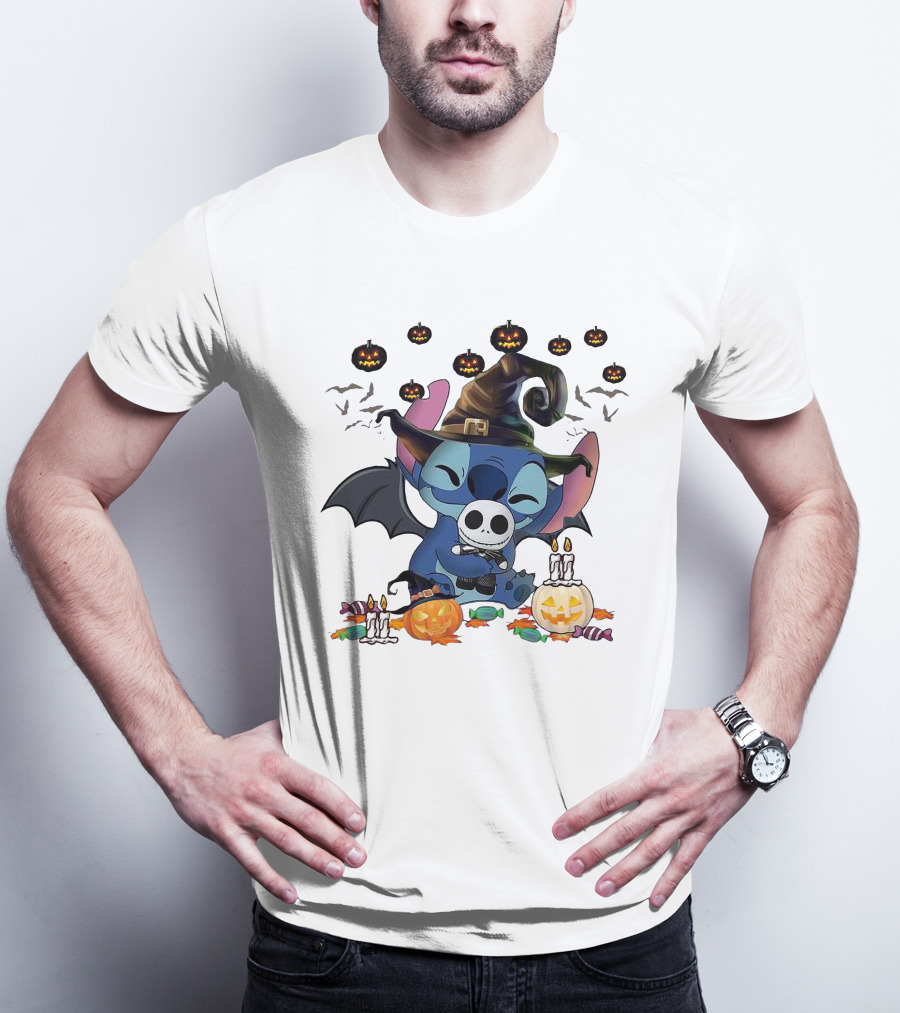 Halloween Stitch With Jack Skellington Mask And Bats T-Shirt