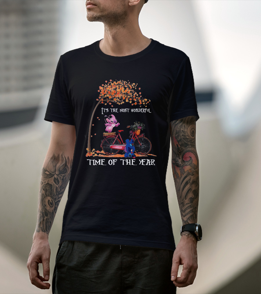 It's The Most Wonderful Time Of The Year Stitch On Bicycle With Fall Tree T-Shirt