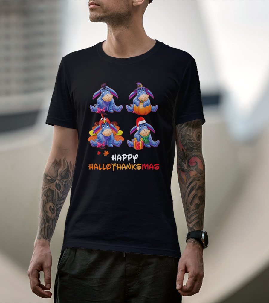 Eeyore Happy Hallothanksmas With Festive Seasonal Teal Accents T-Shirt