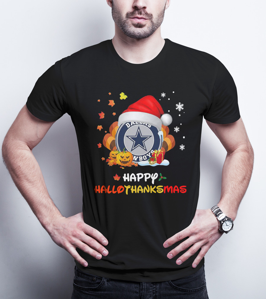 Happy Hallothanksmas Dallas Cowboys Pumpkin Santa Leaves Snowflakes T-Shirt
