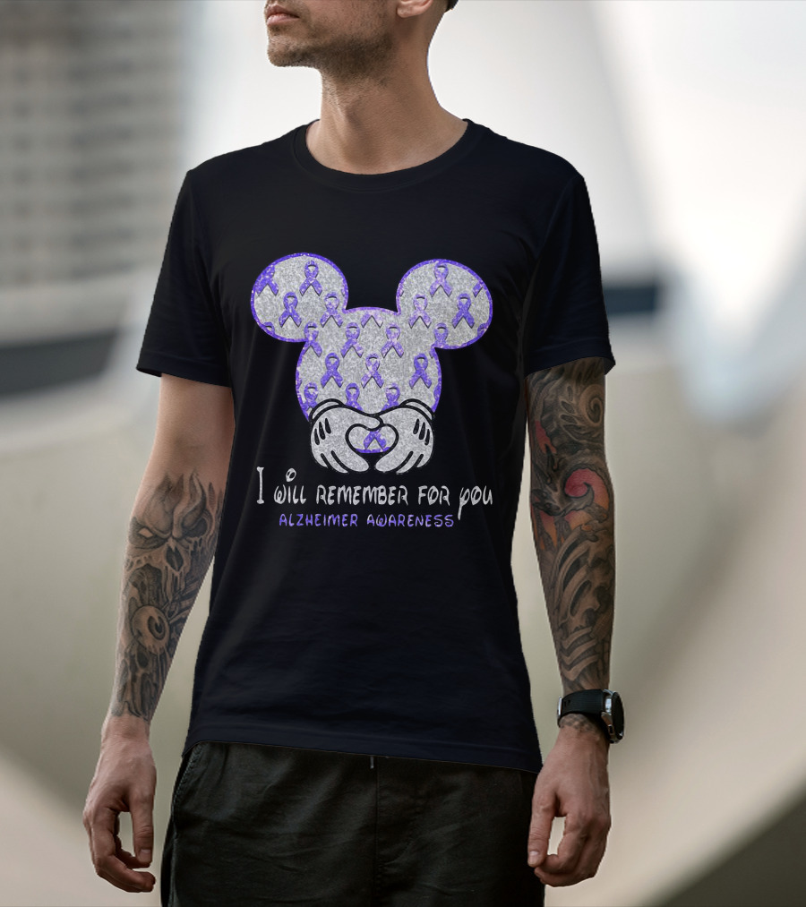 I Will Remember For You Alzheimer Awareness Mickey Pattern With Purple Ribbons T-Shirt
