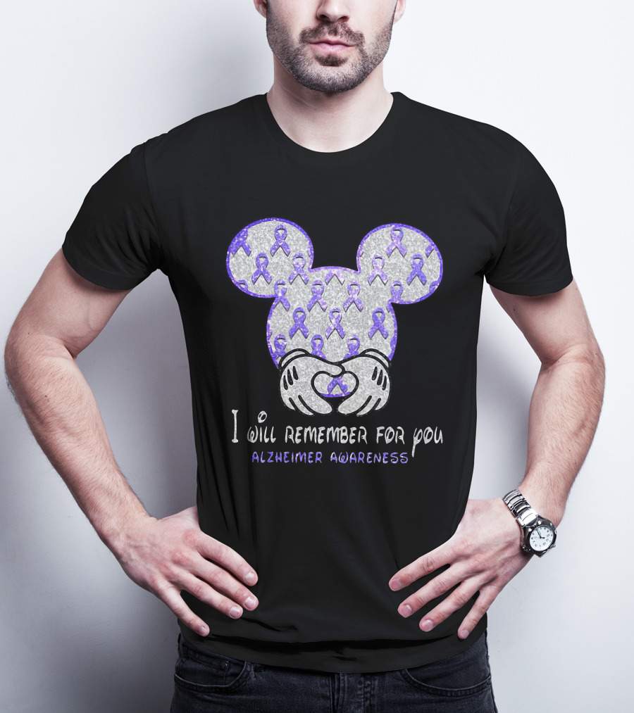I Will Remember For You Alzheimer Awareness Mickey Pattern With Purple Ribbons T-Shirt