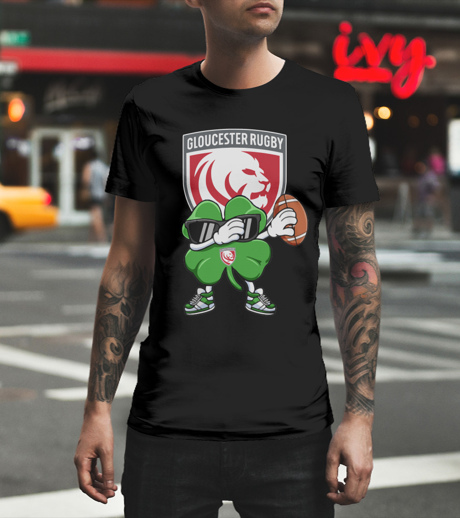Gloucester Rugby Shamrock Lion Logo With Rugby Ball T-Shirt