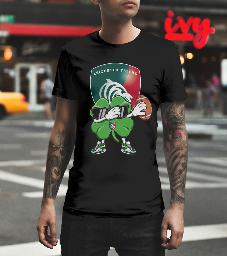 Leicester Tigers Shamrock Mascot Holding Rugby Ball T-Shirt