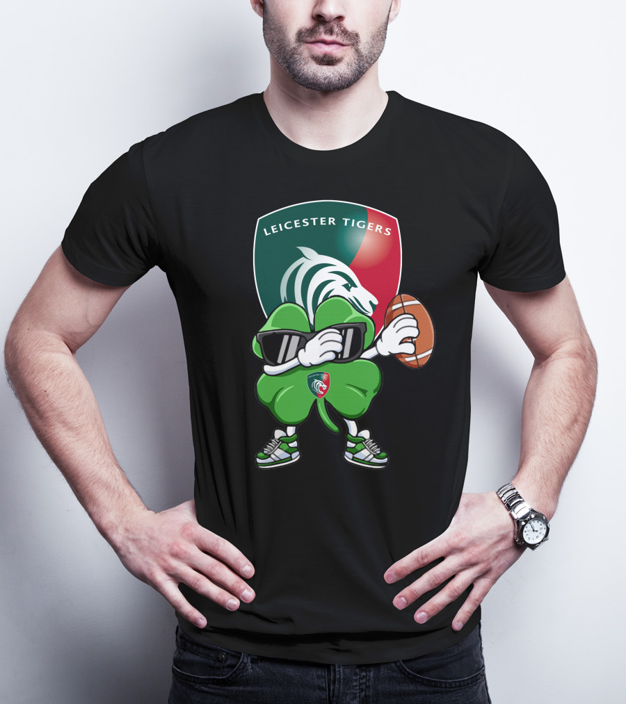 Leicester Tigers Shamrock Mascot Holding Rugby Ball T-Shirt