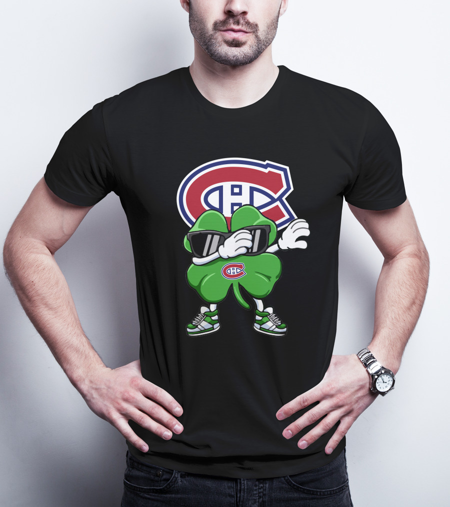 Montreal Canadiens Logo With Dabbing Four-Leaf Clover Wearing Sneakers And Sunglasses T-Shirt