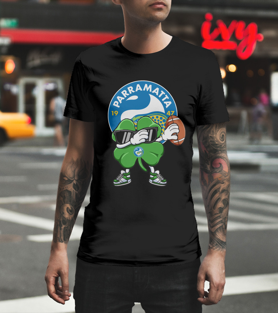 Parramatta Eels 1947 Clover Mascot With Football And Sunglasses T-Shirt