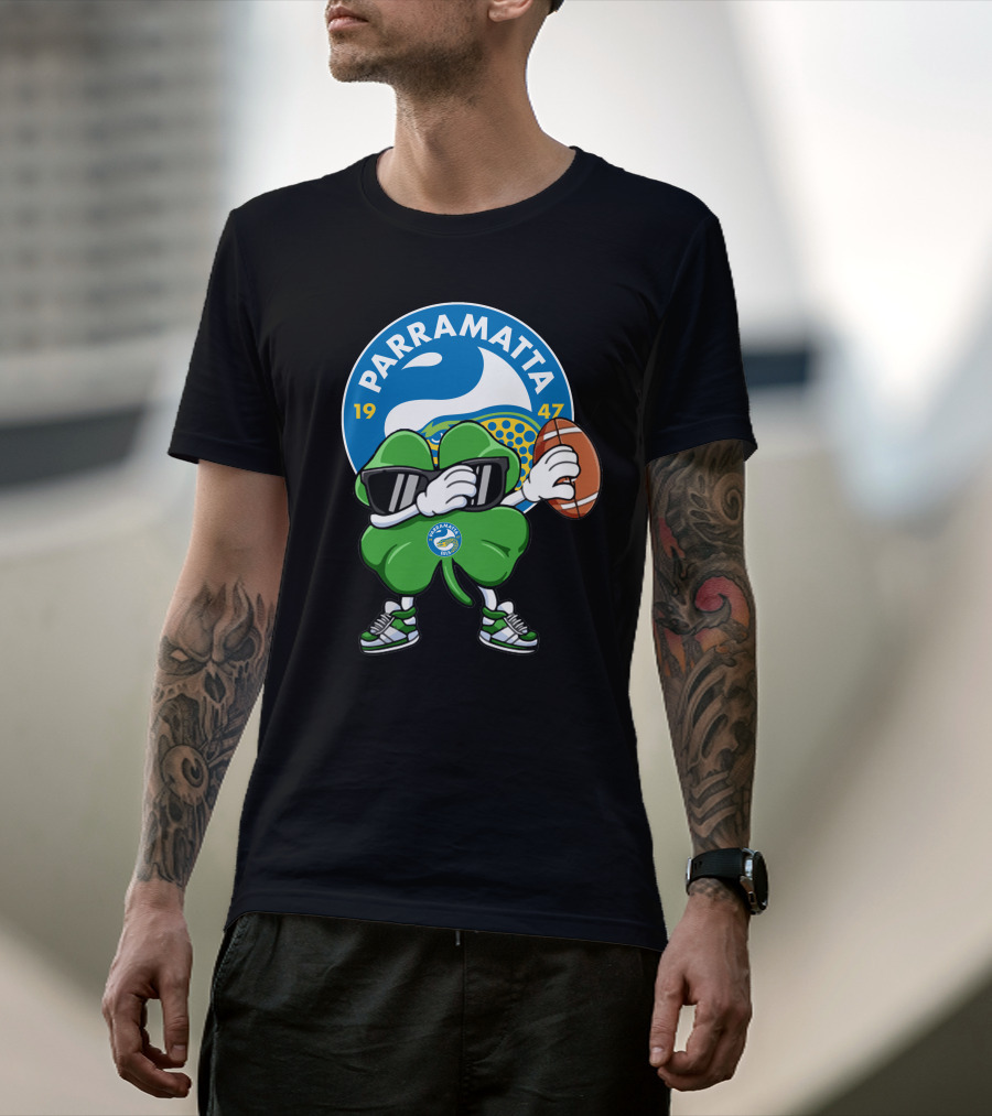 Parramatta Eels 1947 Clover Mascot With Football And Sunglasses T-Shirt