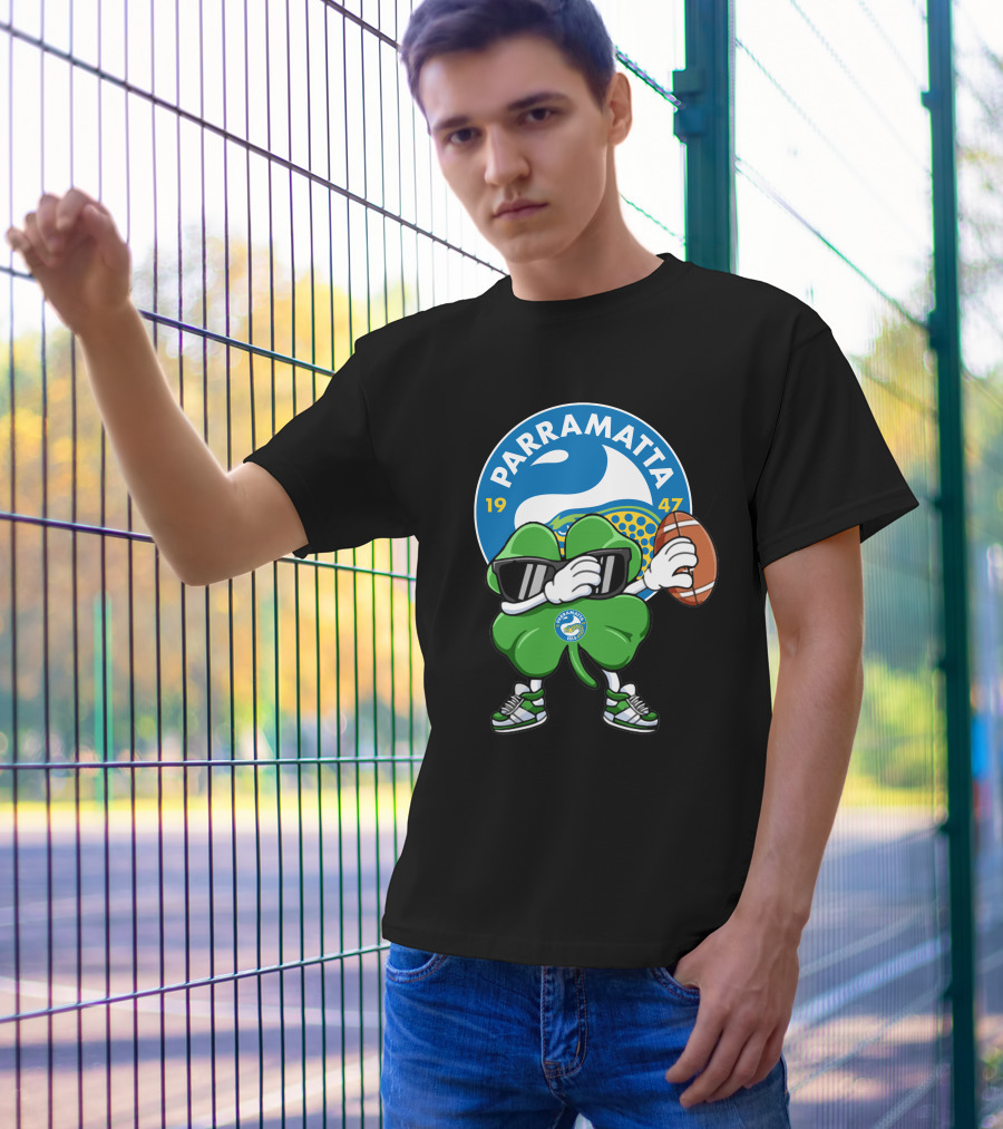 Parramatta Eels 1947 Clover Mascot With Football And Sunglasses T-Shirt