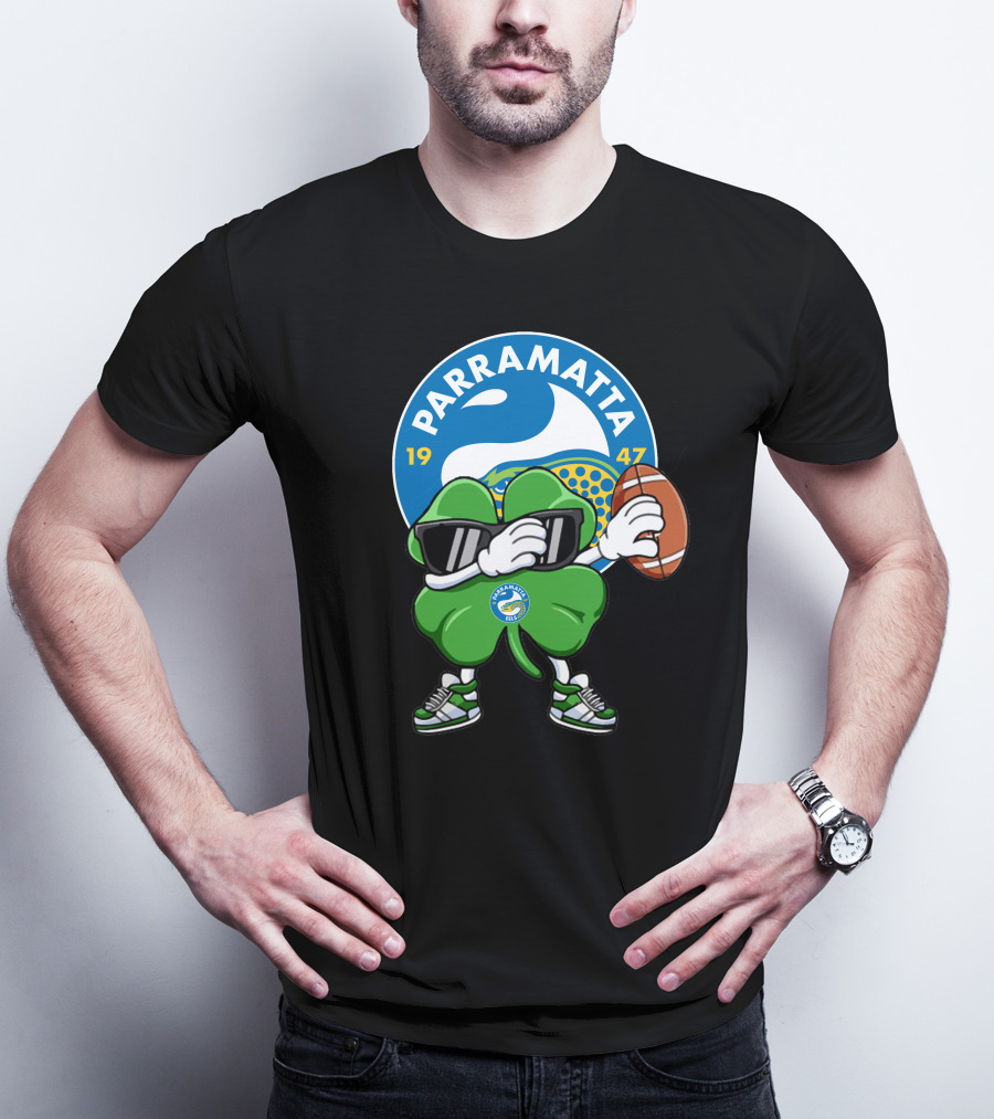 Parramatta Eels 1947 Clover Mascot With Football And Sunglasses T-Shirt