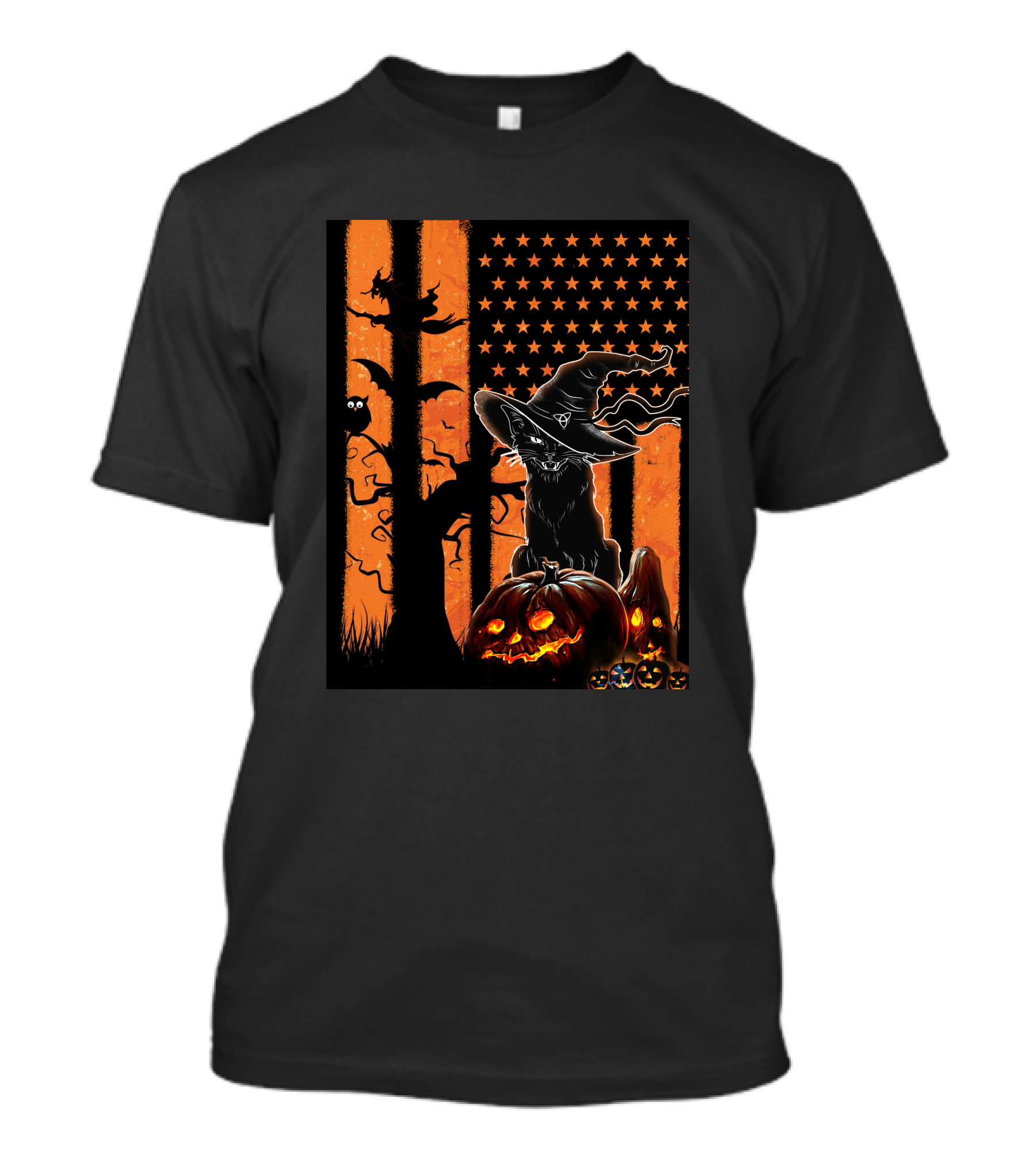 Halloween Black Cat Witch Hat Jack-O'-Lanterns And Stars On Orange Stripes T-Shirt