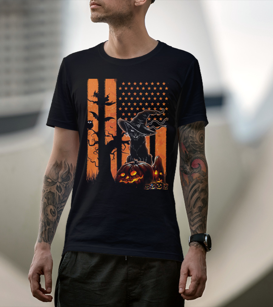 Halloween Black Cat Witch Hat Jack-O'-Lanterns And Stars On Orange Stripes T-Shirt