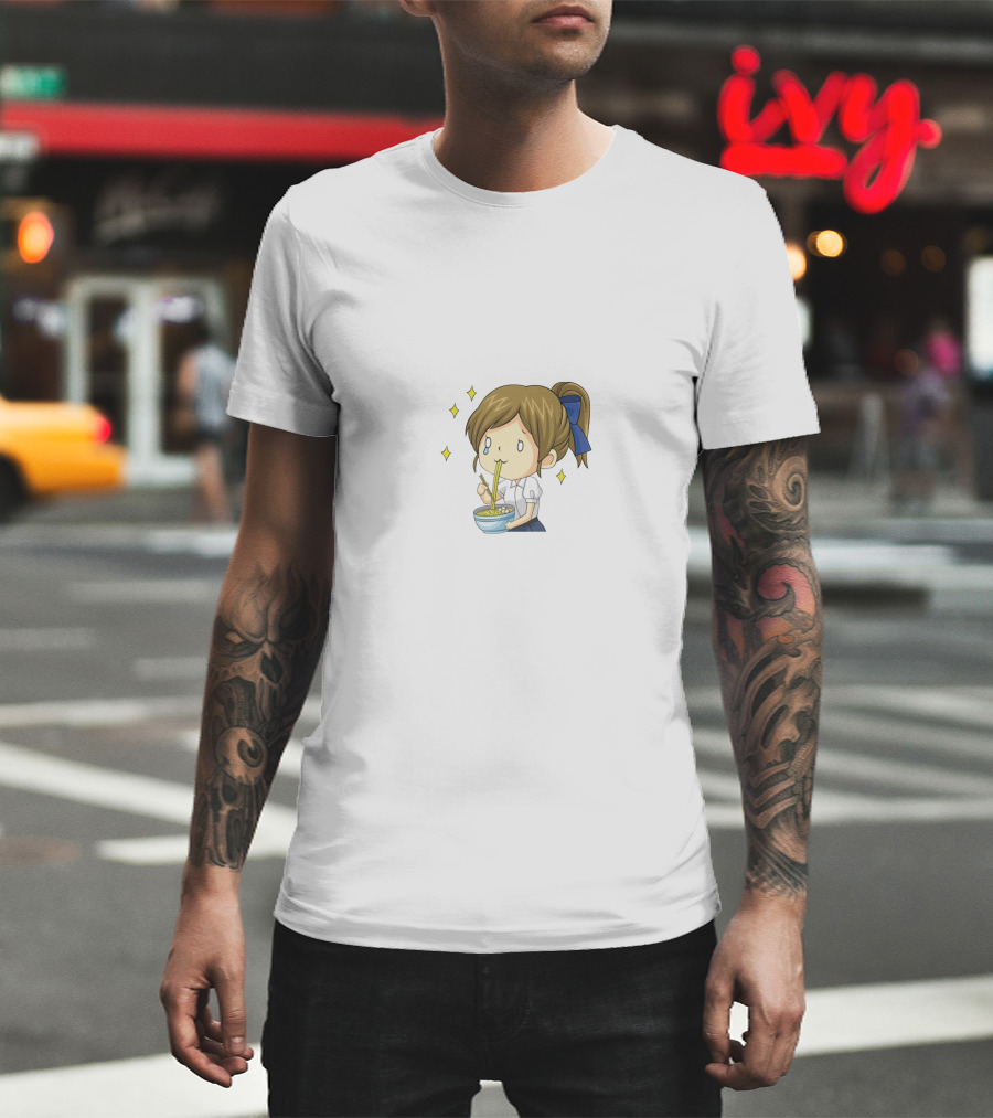 Onlywonderful Anime Girl Eating Ramen With Blue Bow And Sparkles T-Shirt