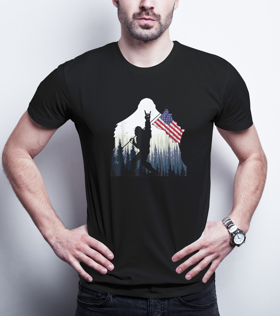 Bigfoot Silhouette With USA Flag And Rock And Roll Pose In Forest T-Shirt