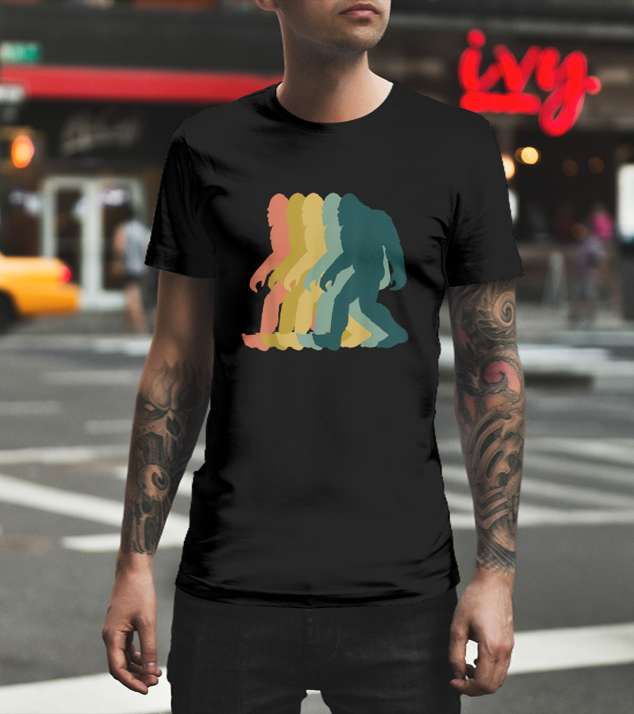 Vintage Retro Rainbow Walking Bigfoot Silhouette 1970s T-Shirt