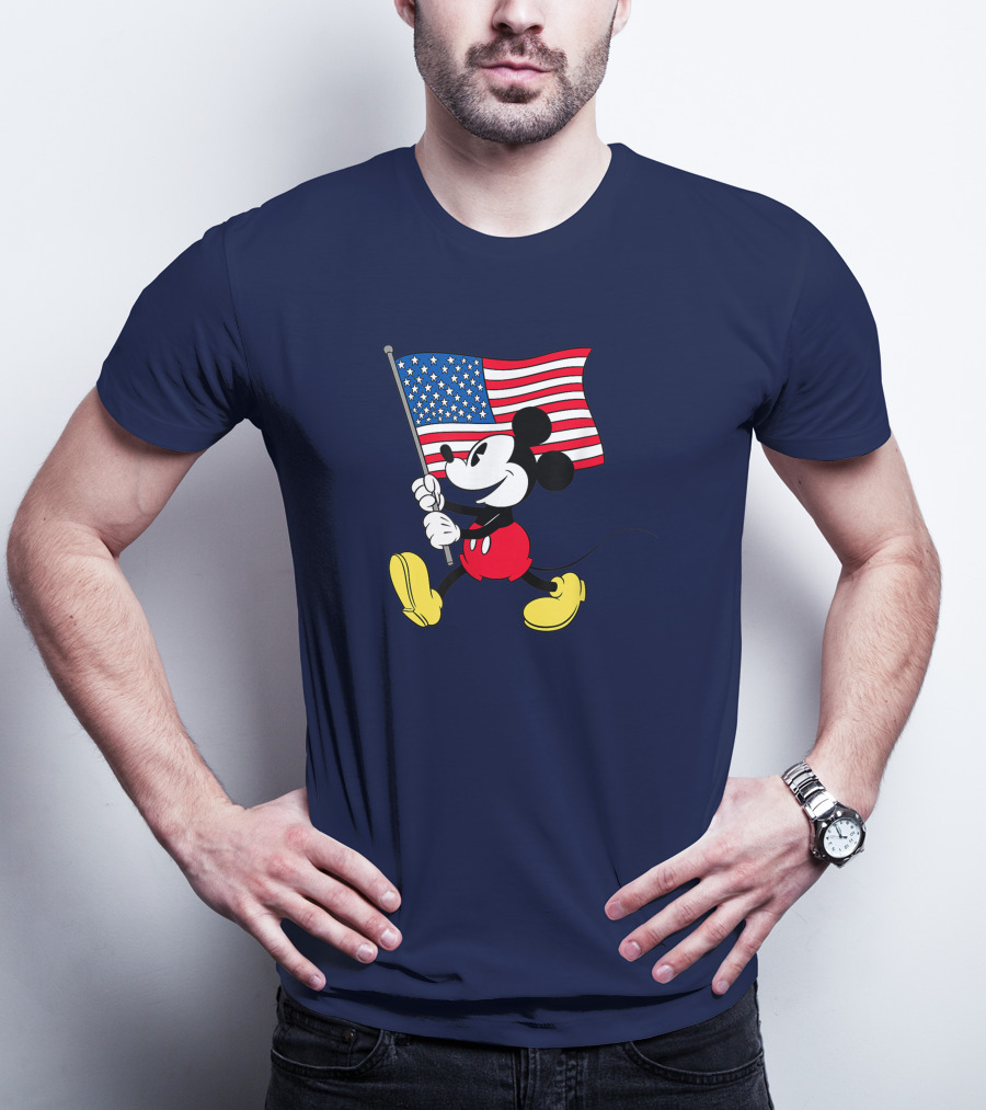 Mickey Mouse Holding American Flag Patriotic Disney T-Shirt