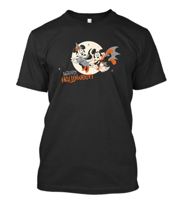 Happy Halloween Disney Minnie And Mickey Flying On Broomsticks T-Shirt