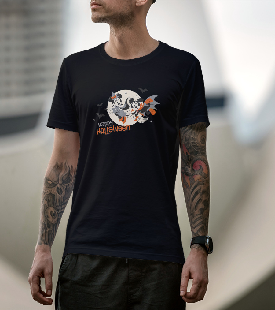 Happy Halloween Disney Minnie And Mickey Flying On Broomsticks T-Shirt
