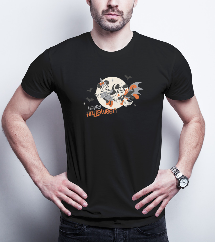 Happy Halloween Disney Minnie And Mickey Flying On Broomsticks T-Shirt