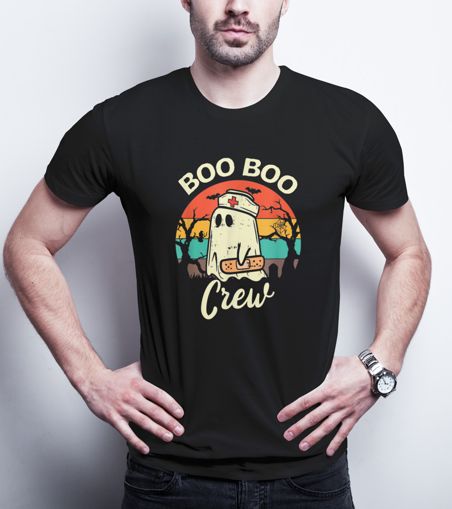 Boo Boo Crew Funny Nurse Ghost Halloween With Bats And Bandage T-Shirt