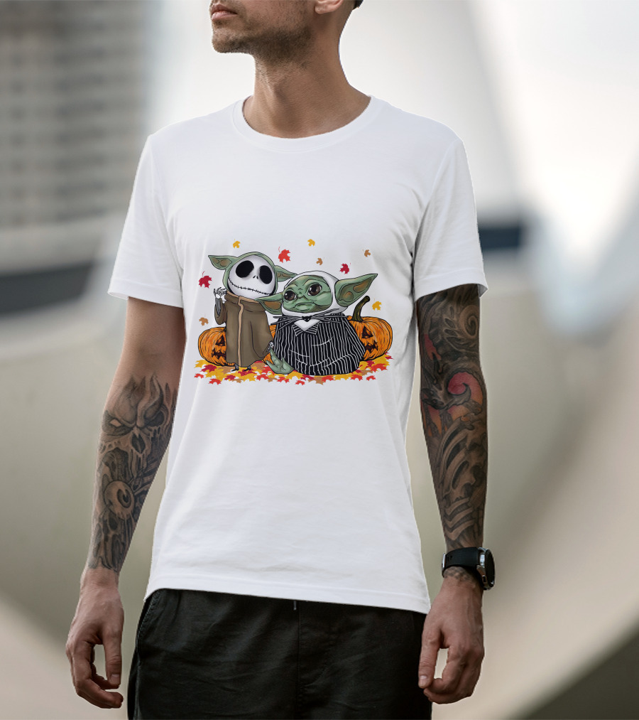 Baby Yoda And Jack Skellington In Halloween Pumpkin Scene T-Shirt
