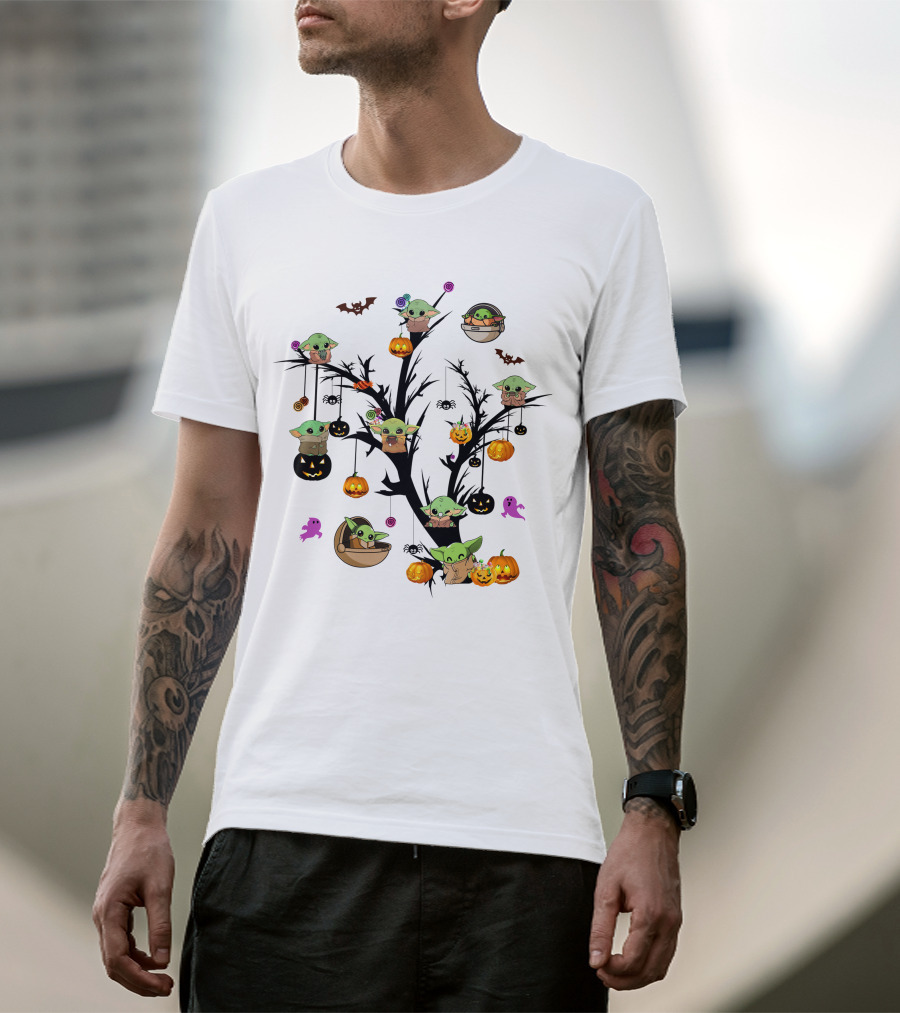 Spooky Halloween Baby Yoda Tree With Pumpkins And Bats T-Shirt