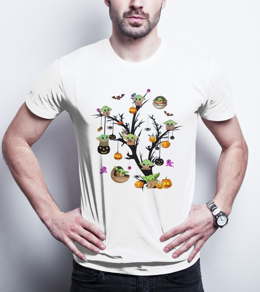 Spooky Halloween Baby Yoda Tree With Pumpkins And Bats T-Shirt