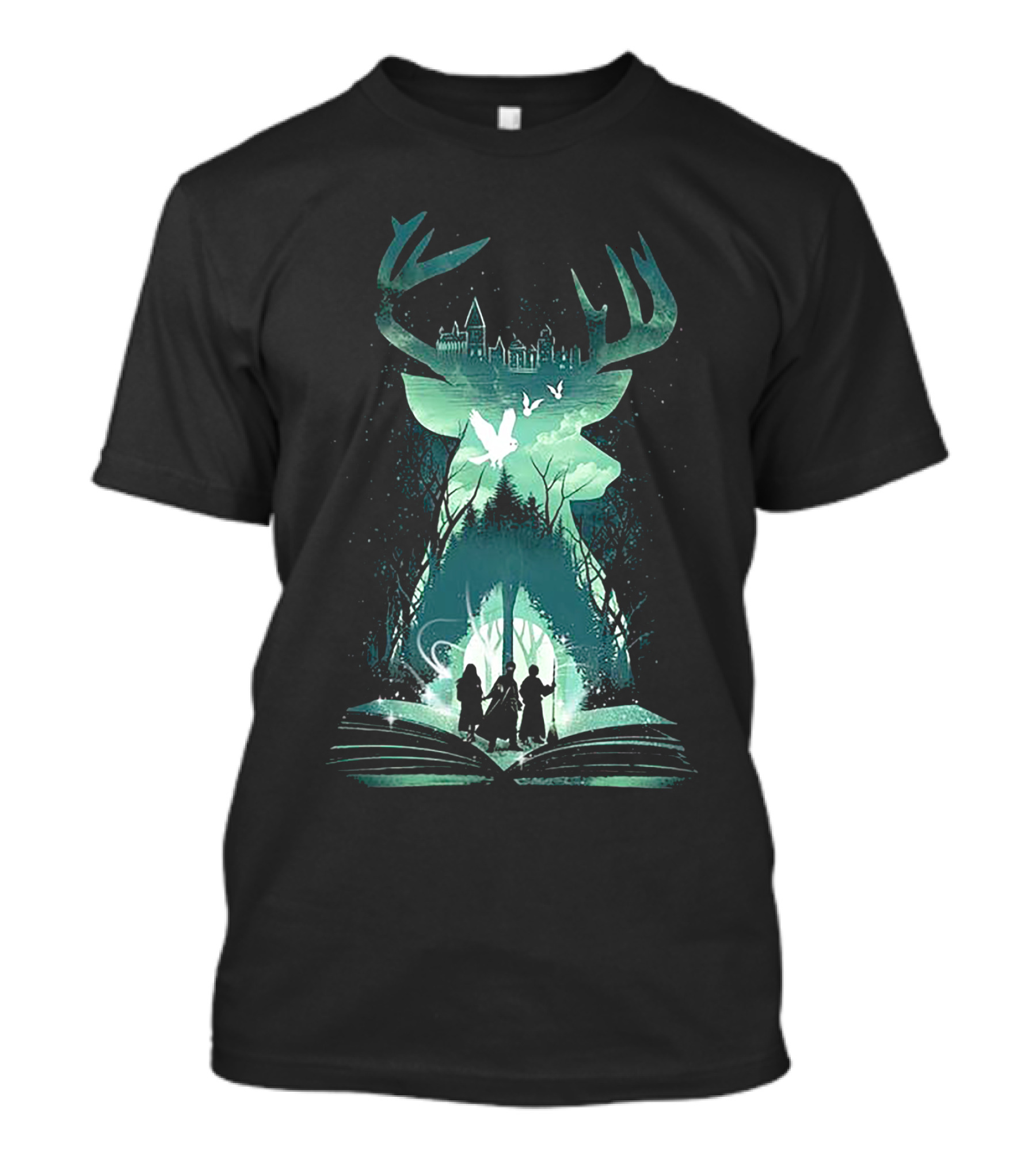 Witchcraft And Wizardry Magical Stag With Castle Silhouette And Book Portal T-Shirt