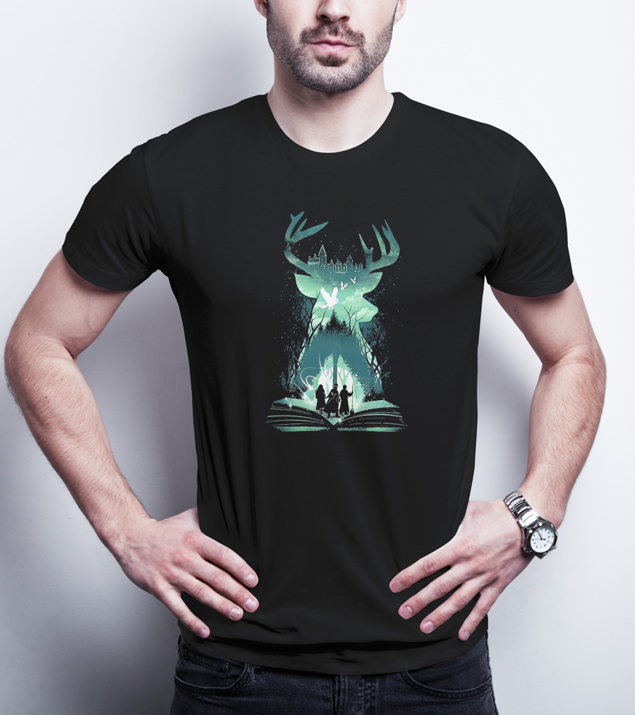 Witchcraft And Wizardry Magical Stag With Castle Silhouette And Book Portal T-Shirt